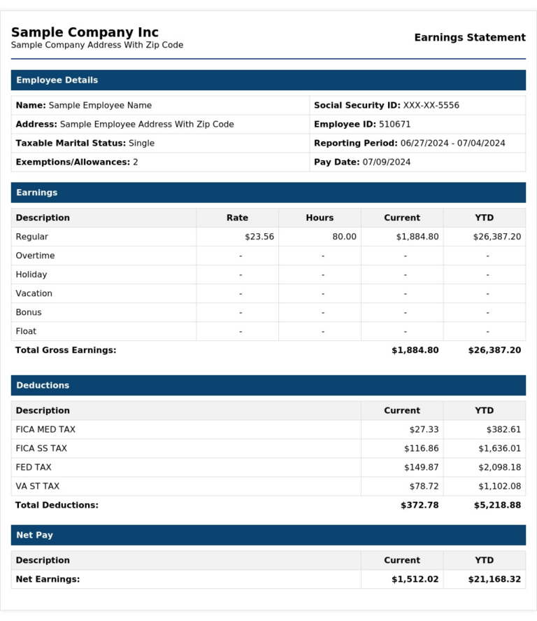 Free Pay Stub Template Generator | Sample Pay Stubs Examples | Generate ...